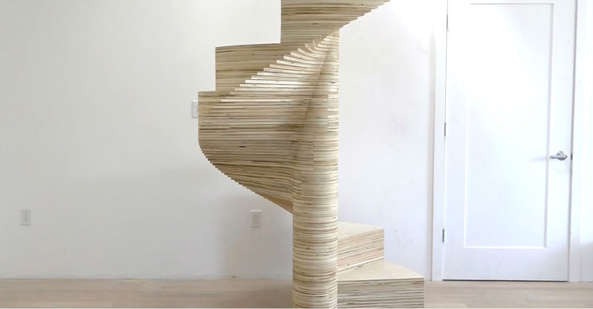 Carpenter Creates A Stunning DIY Spiral Staircase In His Home Using Plywood