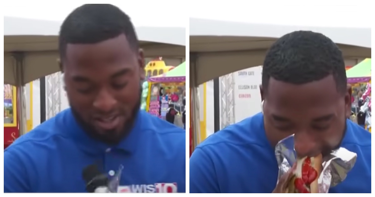 Moment Reporter Regrets Biting Hot Dog At State Fair Captured On Video